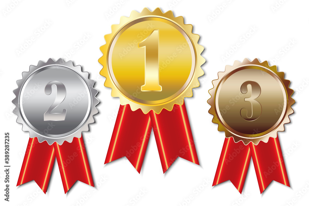 Vector illustration of gold silver bronze medals. First, second and ...