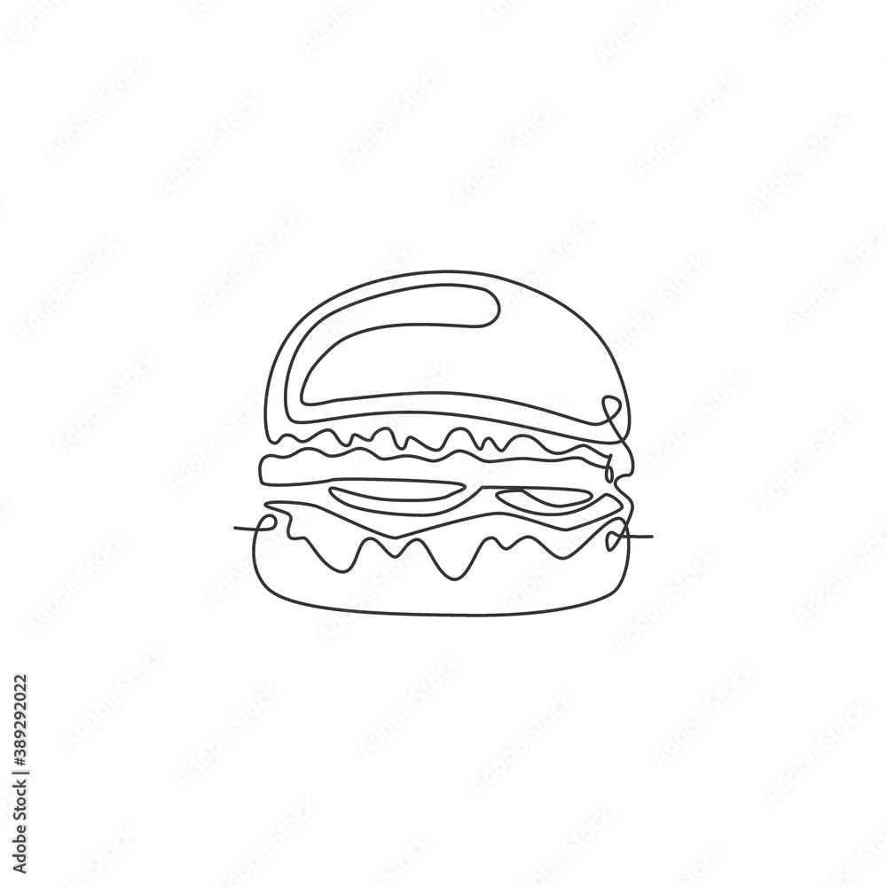 Single continuous line drawing of American burger logo label. Emblem ...