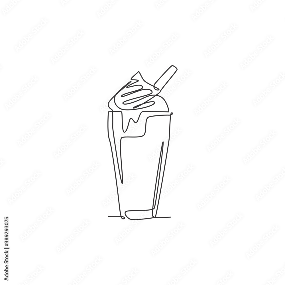 One single line drawing of fresh milkshake with whipped cream and wafer ...