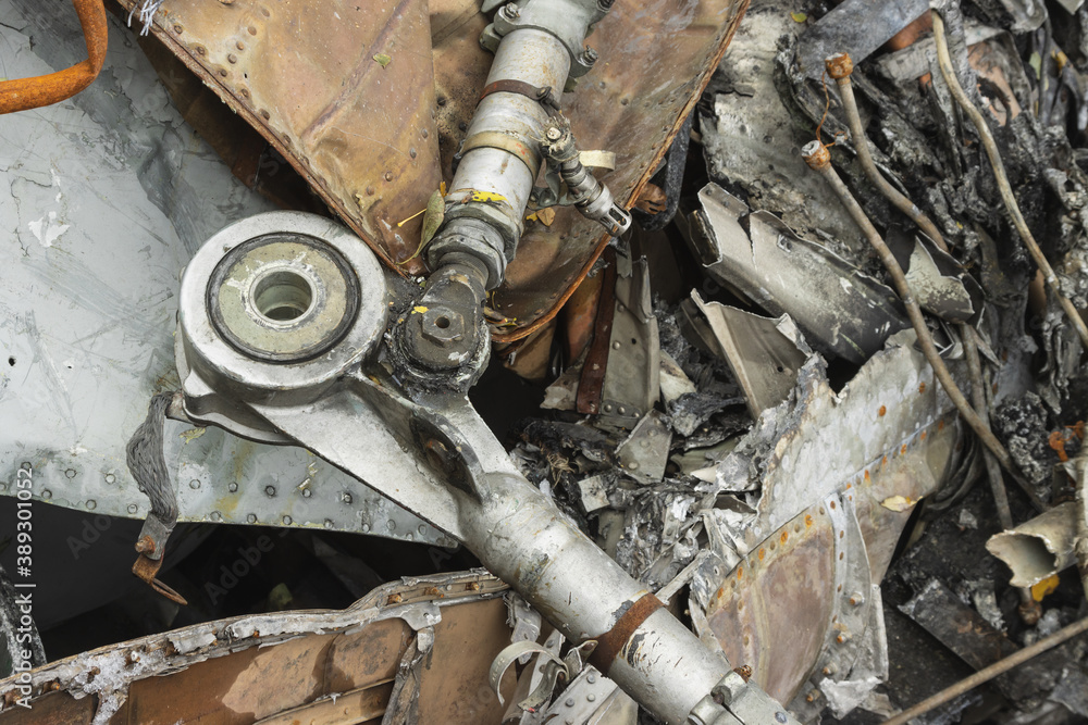The wreckage of the plane, parts of the steering rods of the burned and ...