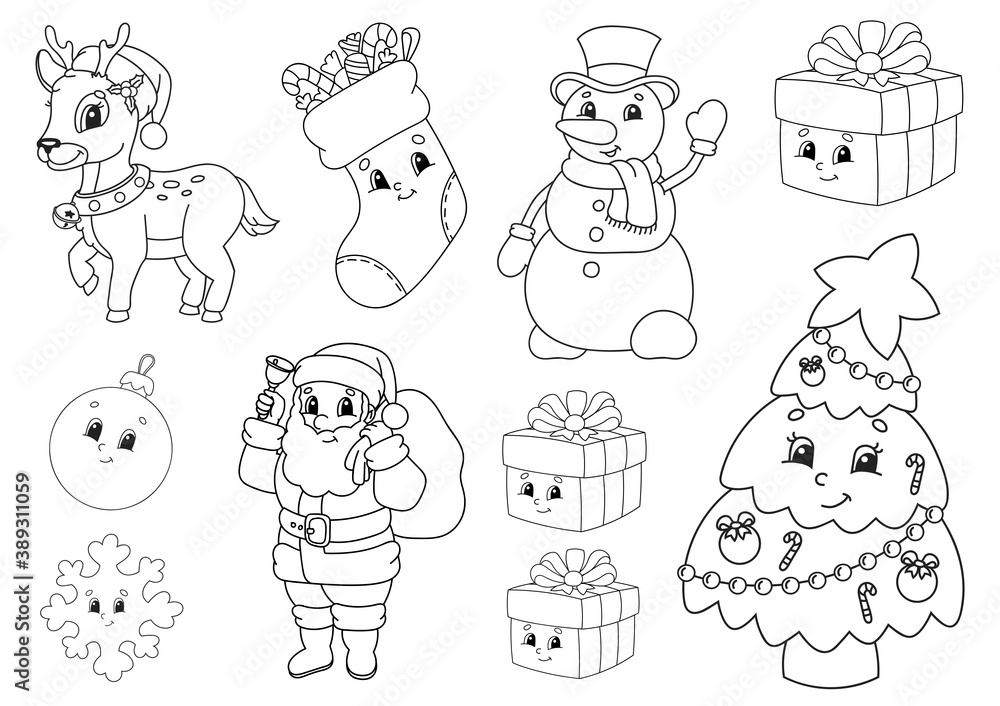 Coloring book for kids. Christmas theme. Cheerful characters. Vector ...