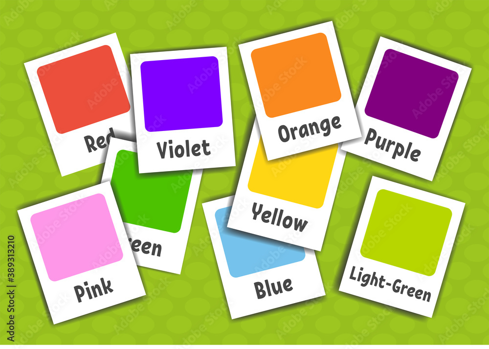 Flash cards. Learning colors. Vector illustration isolated on green ...