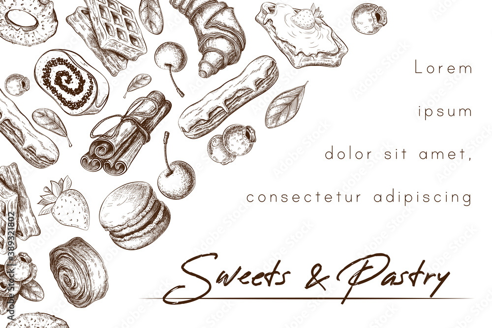 engraved bakery or pastry banner, background, frame, card template ...