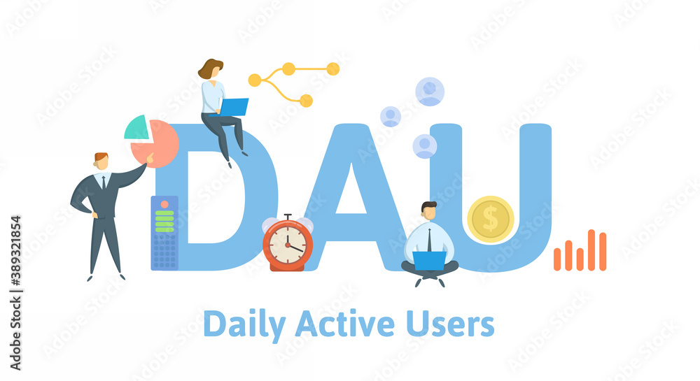 DAU, Daily Active Users. Concept with keywords, people and icons. Flat ...