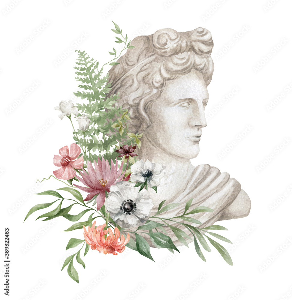 Watercolor composition with Apollo bust and flower bouquet. Antique ...