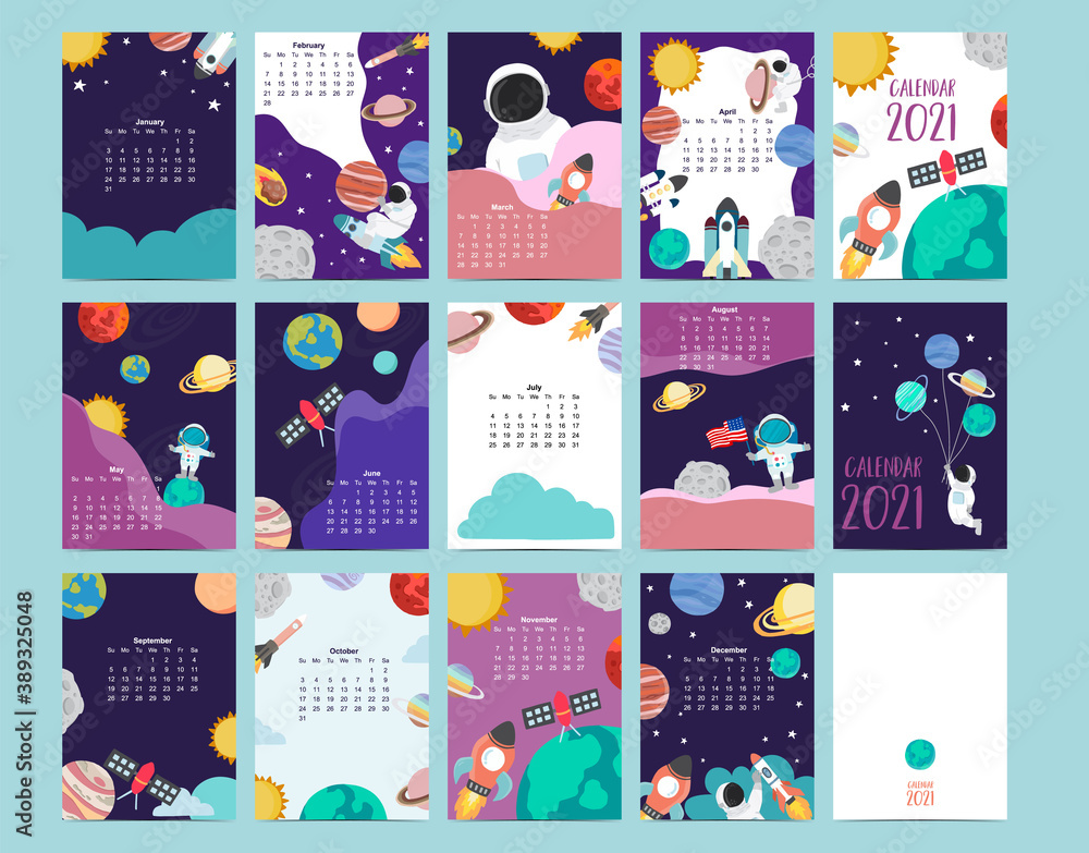 Cute galaxy calendar 2021 with astronaut, moon, rocket, planet for ...