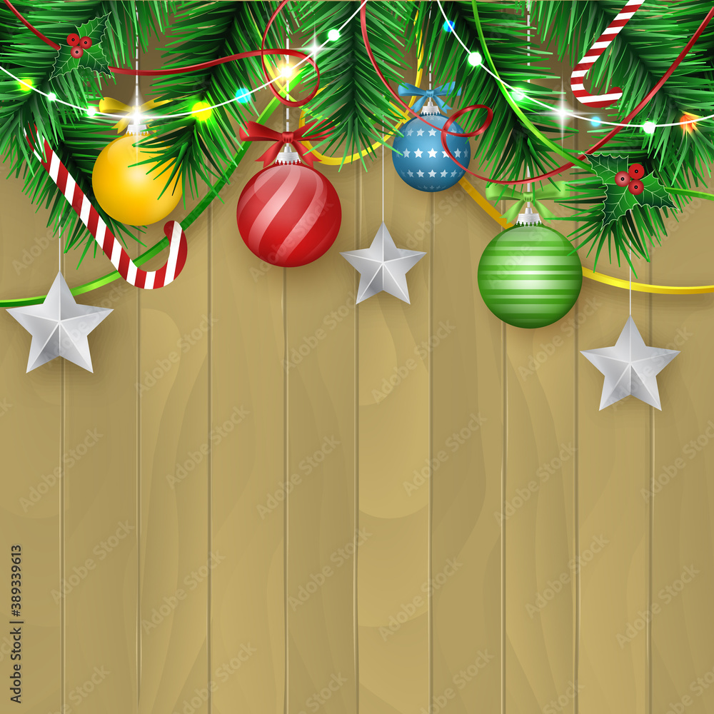 Christmas and New Year wishes with colored bobbles, bow, ribbons, holly ...