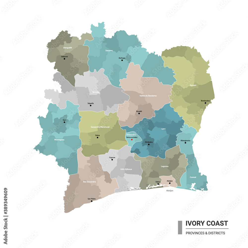 Ivory Coast higt detailed map with subdivisions. Administrative map of ...