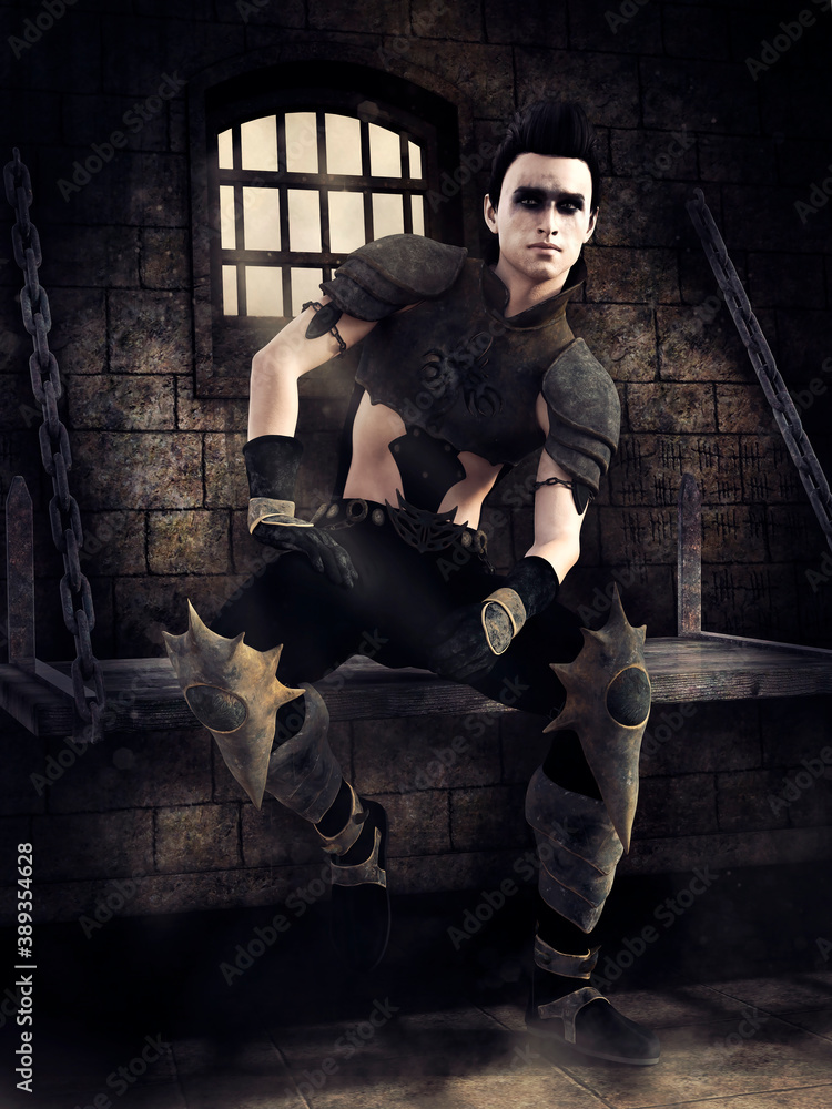 Fantasy rogue dressed in a leather outfit sitting on a bench in a dark ...