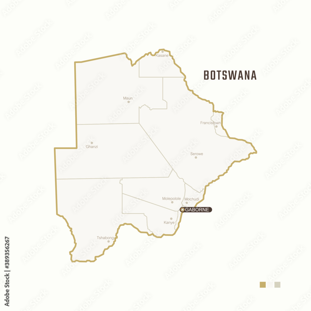 Map of Botswana with border, cities and capital Gaborone. Each city has ...