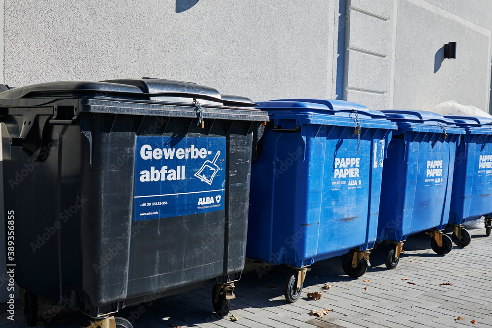Berlin, Germany - October 3, 2020: View of several waste containers at ...