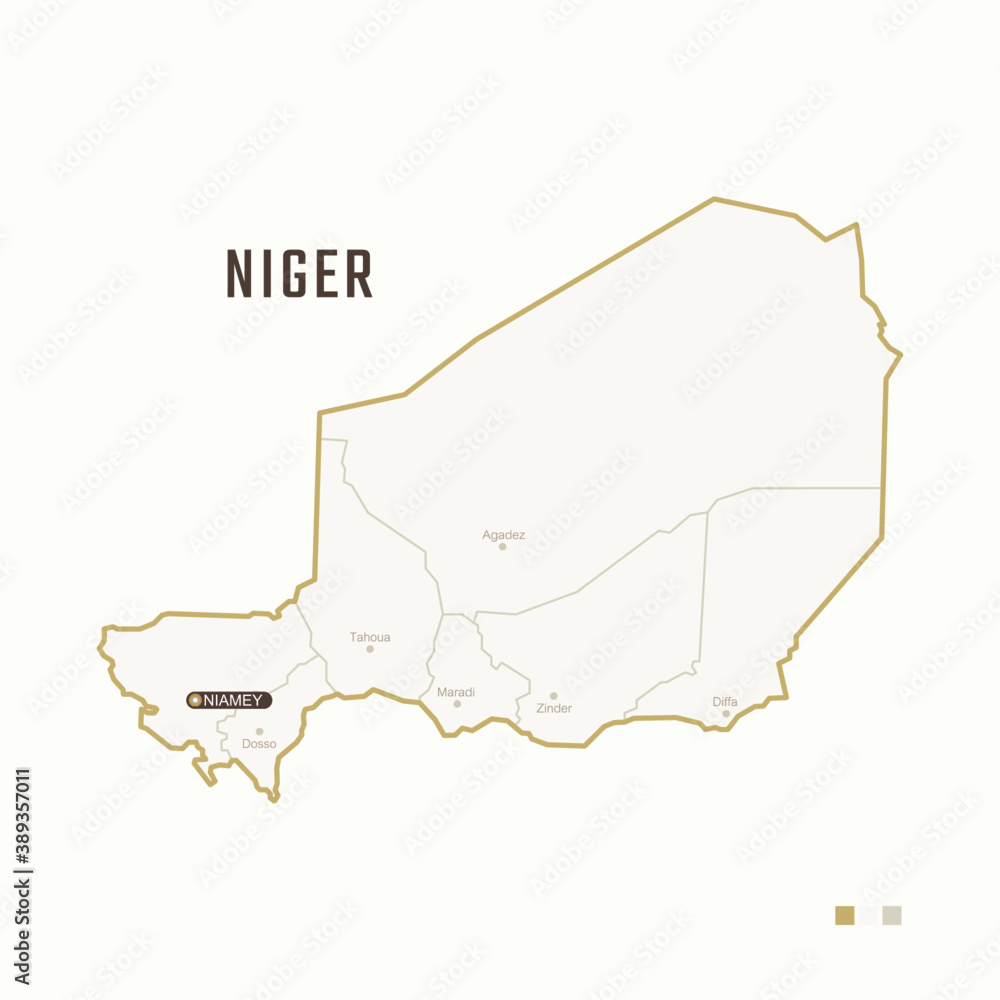 Vetor de Map of Niger with border, cities and capital Niamey. Each city ...