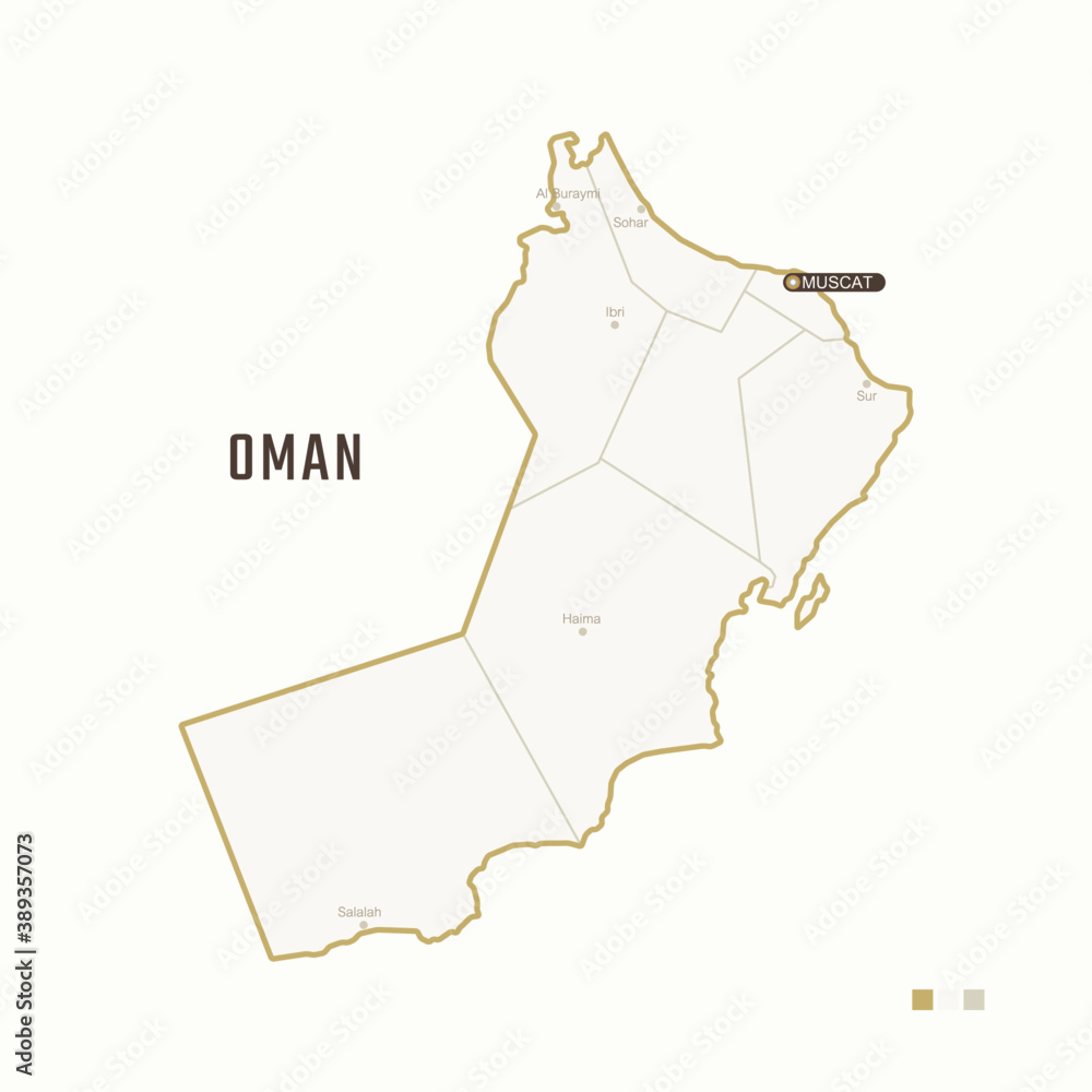 Map of Oman with border, cities and capital Muscat. Each city has ...