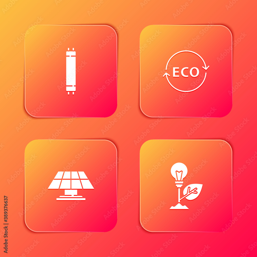 Set Fluorescent lamp, Label for eco healthy food, Solar energy panel ...