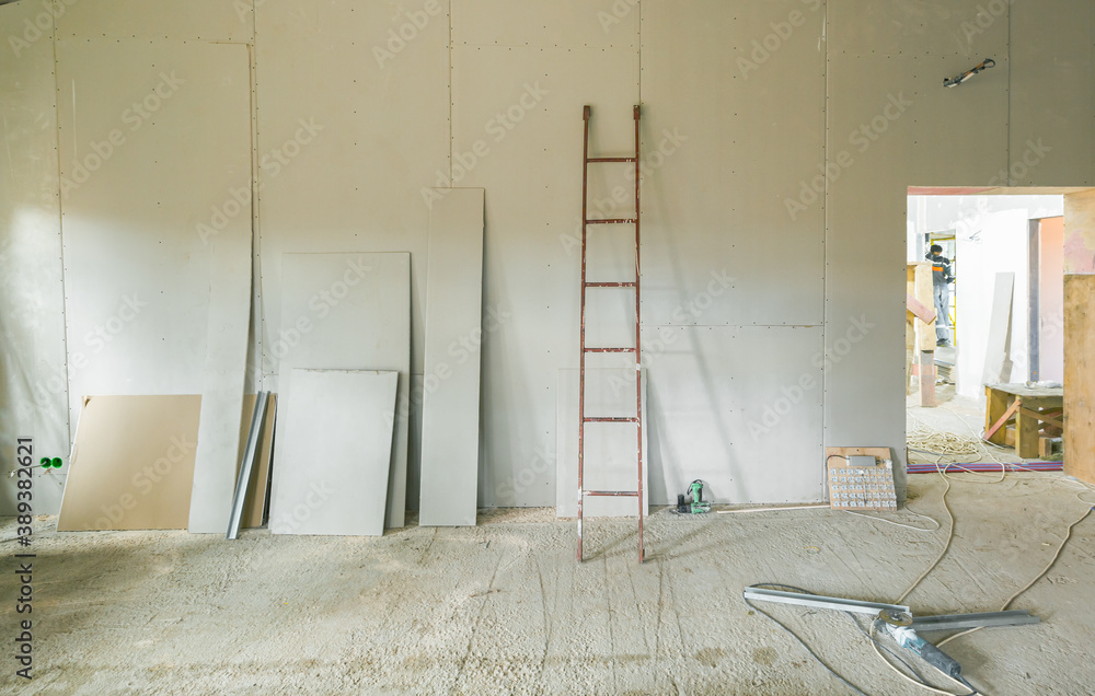 Working process of installing metal frames for plasterboard -drywall ...