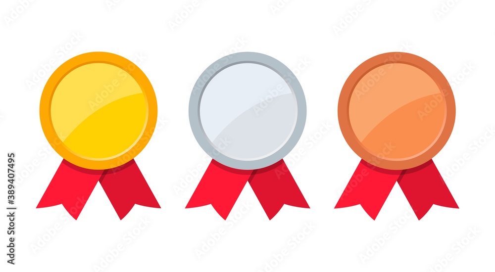 Medals set. Gold, silver and bronze medal with red ribbon. Champion award. Vector Stock Vector ...