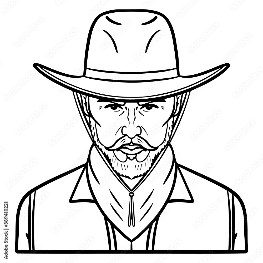cowboy avatar with vest, scarf and cowboy hat. upper body, comic ...
