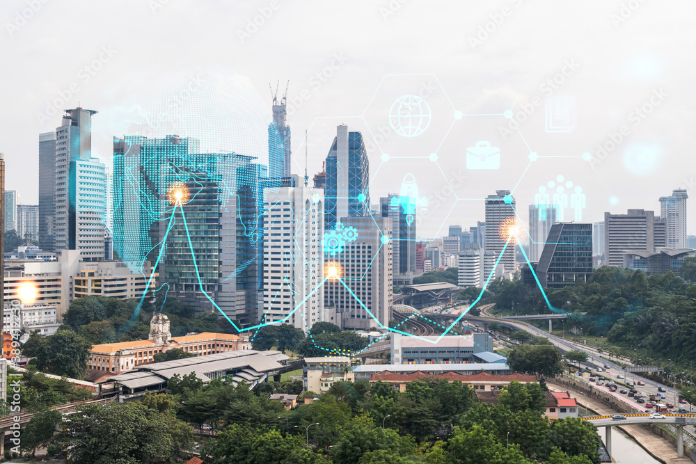 Research and development hologram over panorama city view of Kuala ...