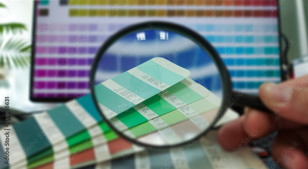 Magnifying glass checking on color guide palette. Choosing colors from ...