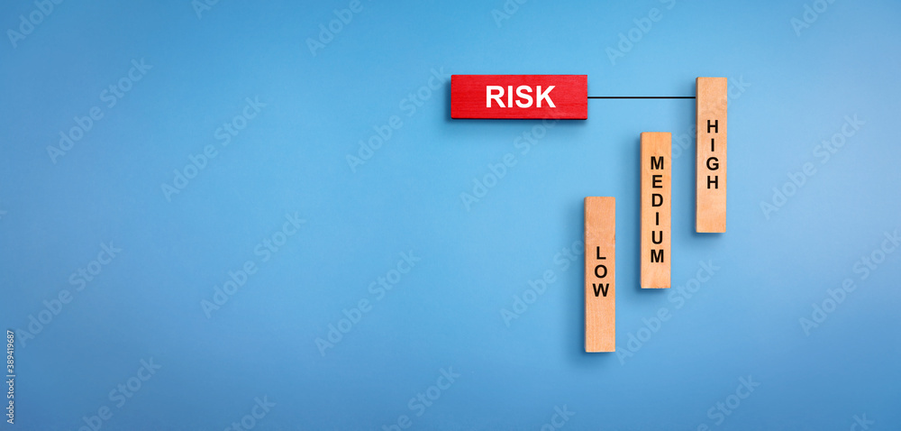 Wooden block with text Risk. Risk concept with text high, medium and ...