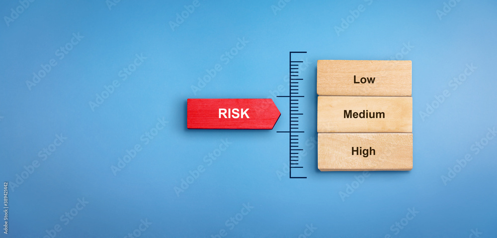 Risk meter concept with text high, medium, low and risk wooden block ...