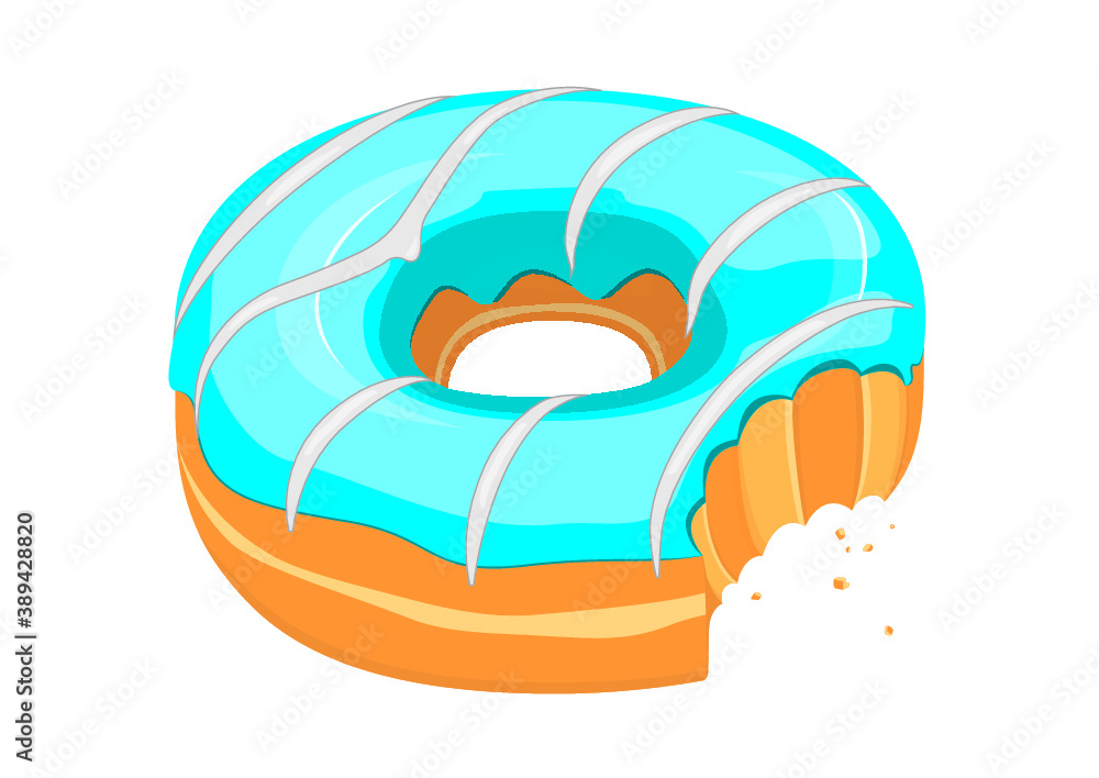 Blue glazed donut with white striped icing and a bite icon in cartoon ...
