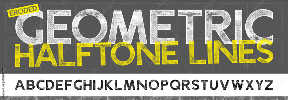 Eroded Font Design. Geometric sans font with rough printed, halftone ...
