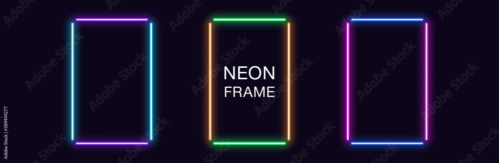 Neon rectangle Frame. Set of rectangular neon Border in 4 outline parts ...