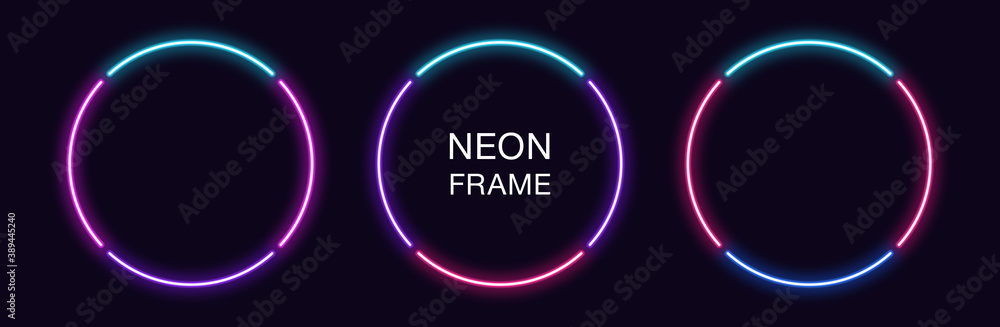 Neon circle Frame. Set of round neon Border in 4 outline parts ...