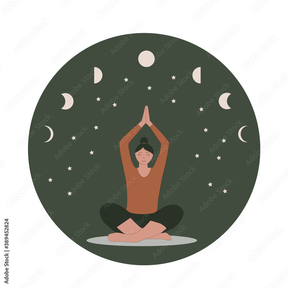 Moon phases, mistery, mental health, meditation. Young woman in lotus ...