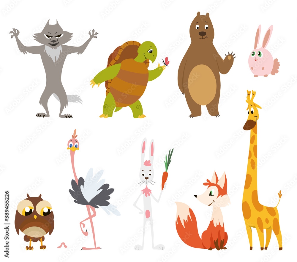 Cartoon wild animals in different poses on white background. Stock ...