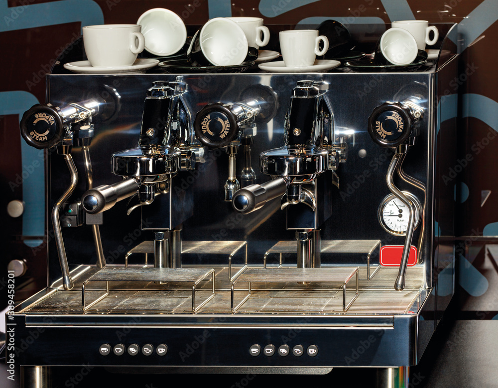 Professional modern coffee machine close-up with selective focus, low ...