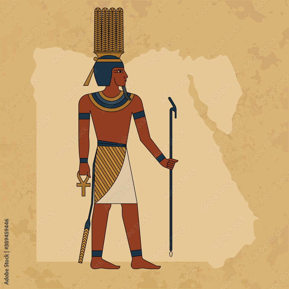 The Egyptian ancient god Anhur painted against the backdrop of a map of ...