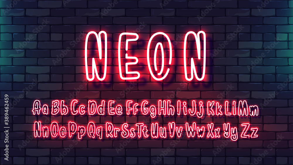 Neon futuristic hand font. Luminous tube alphabet uppercase lowercase ...