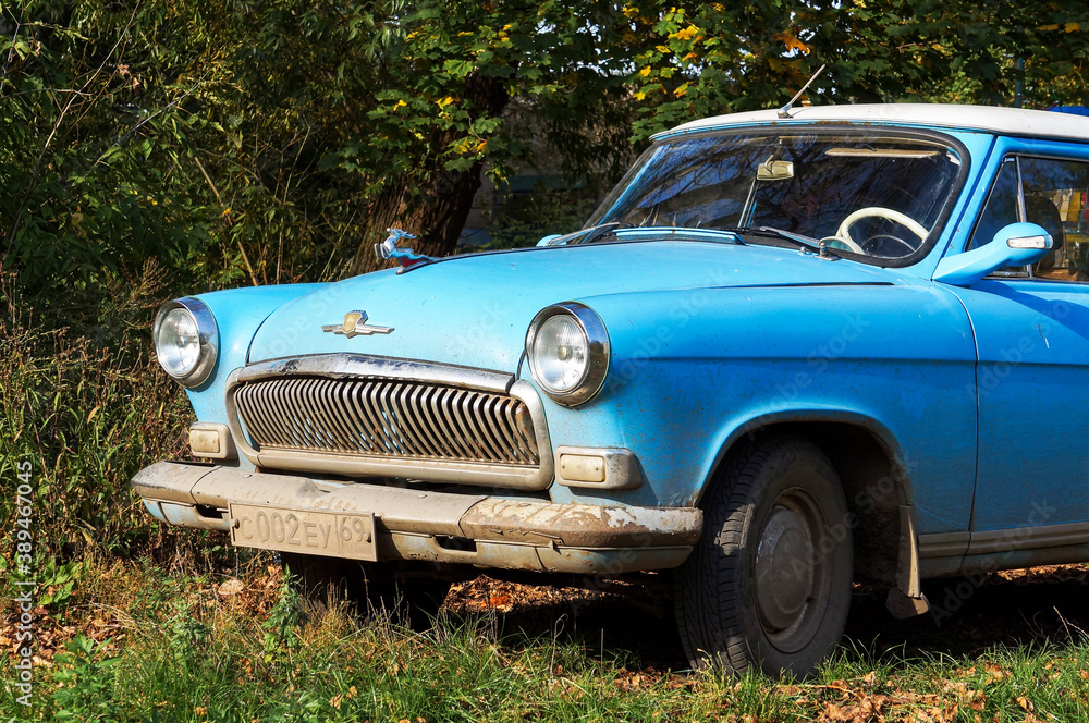 Tver, Russia - September 25, 2020: Close-up view of the old russian car ...