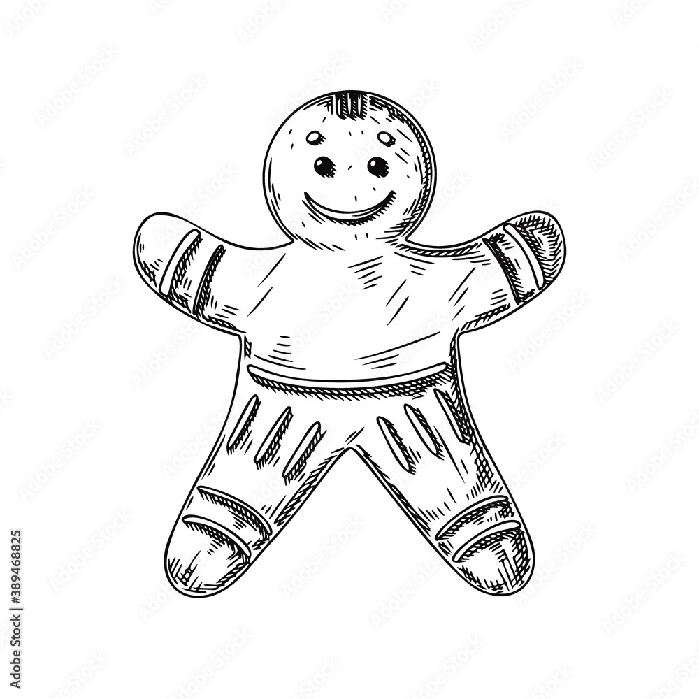 Gingerbread man isolated on white background. Sketch, hand drawn. Stock ...