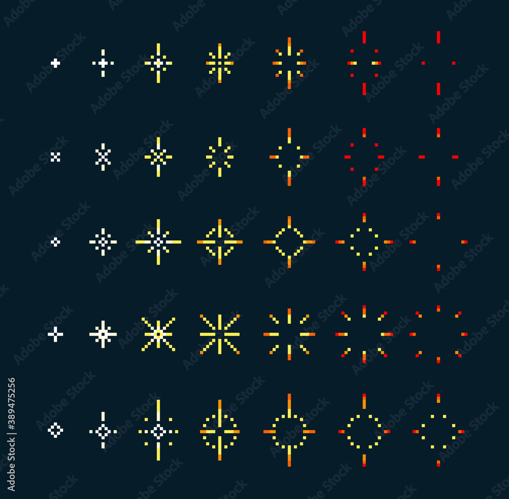Pixel art stars. Game icons set. The effect of sparkling stars for ...