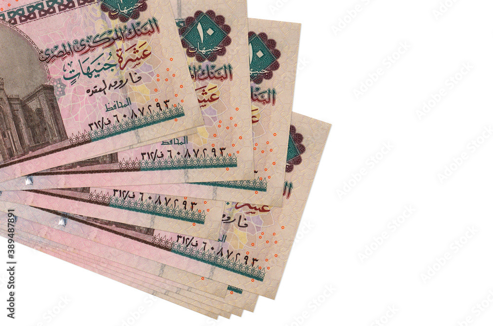 10 Egyptian pounds bills lies in small bunch or pack isolated on white ...