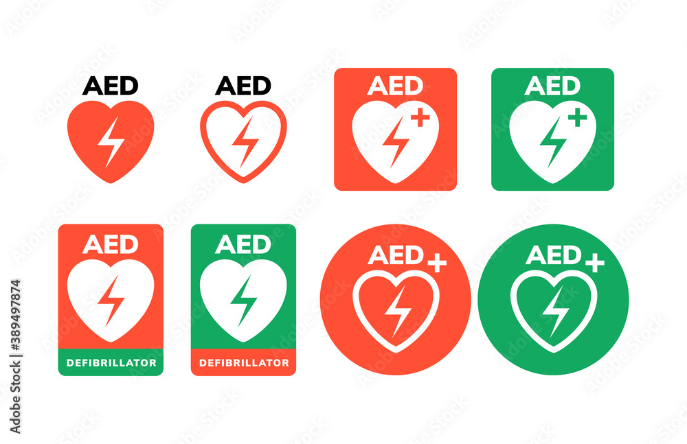 AED symbol icon. Heart first aid defibrillator sign. Automated external ...