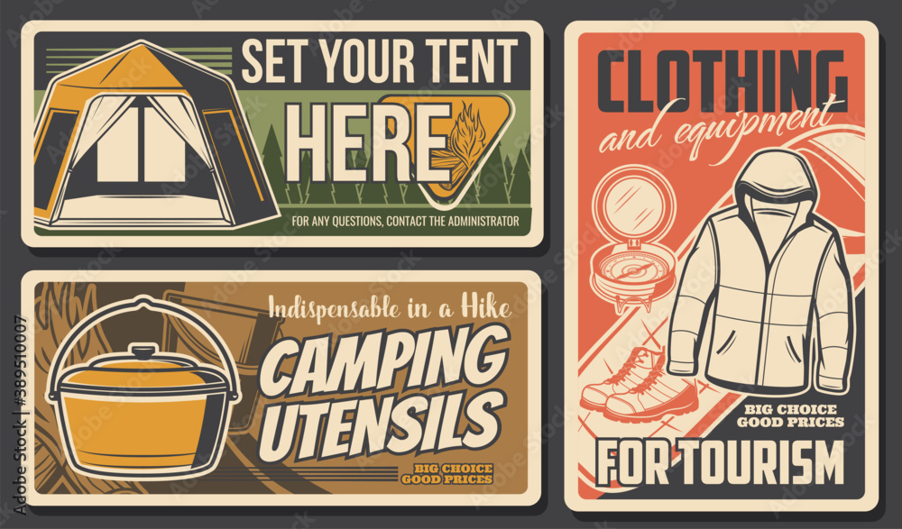 Camping and hiking travel tourism sport and outdoor adventure, vector ...