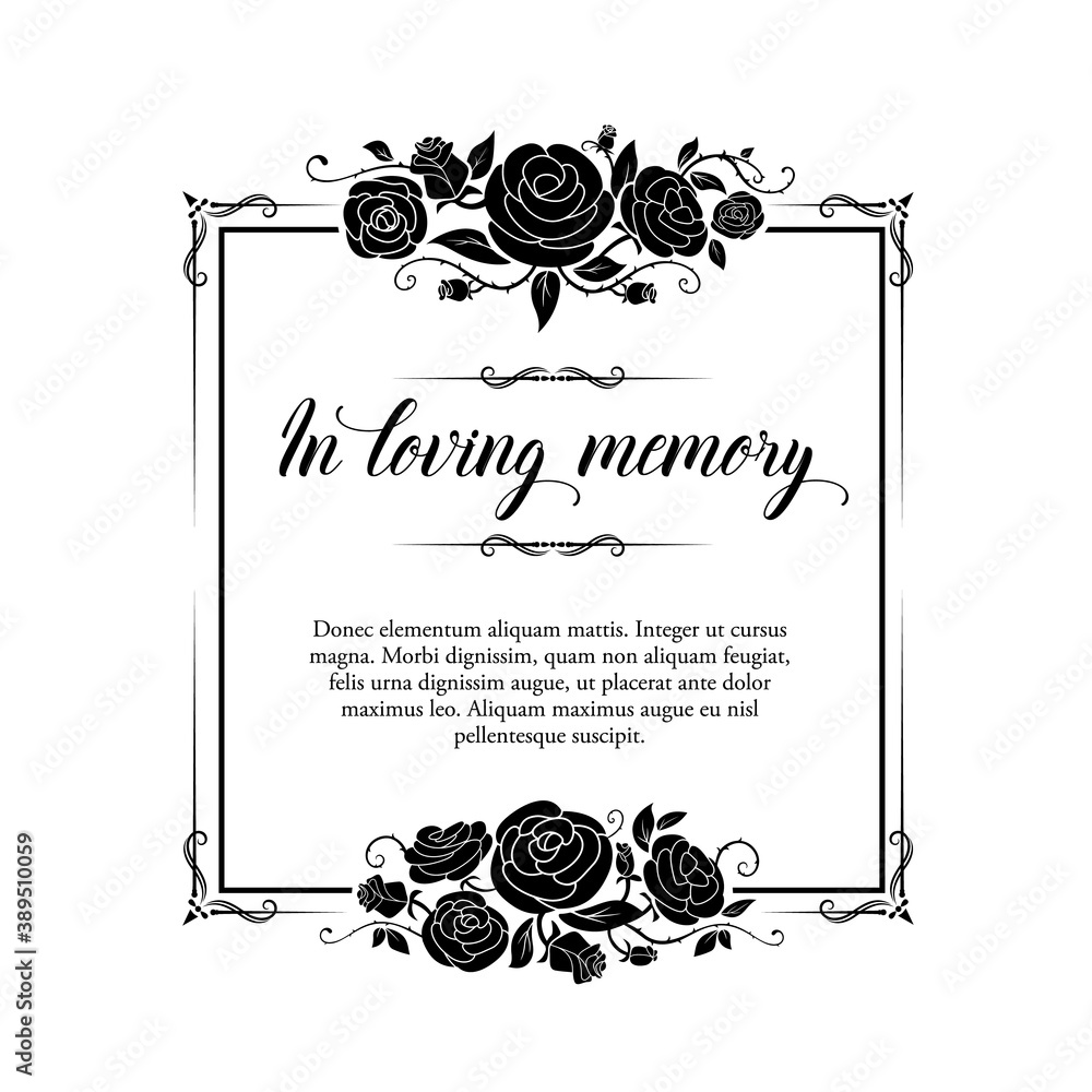 Vecteur Stock Funeral vector card, retro frame with rose flowers and ...