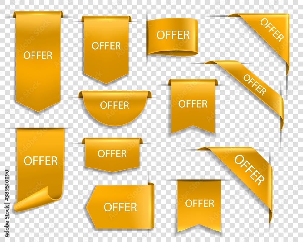 Golden ribbons and banners, gold labels for price promotion offer ...
