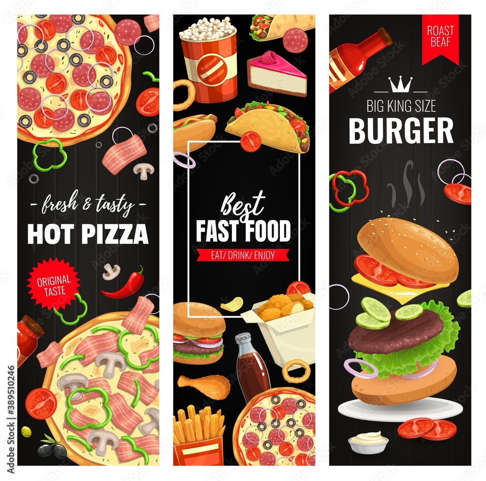 Pizza, burger and snack vector banners. Fast food hamburger, french ...