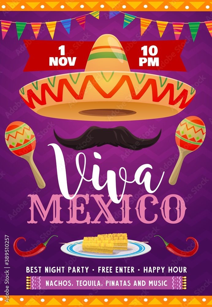 Viva Mexico vector flyer with mexican sombrero, mustaches and maracas ...