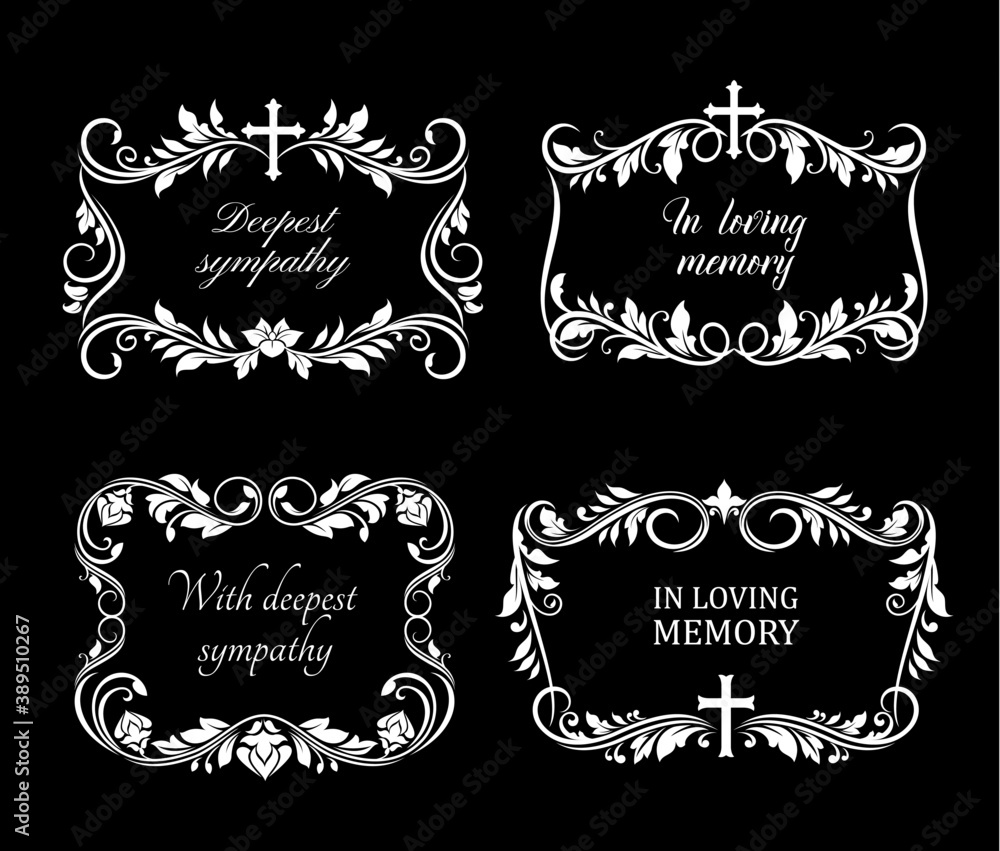 Funeral vector frames with mourning white flowers, flourishes and cross ...