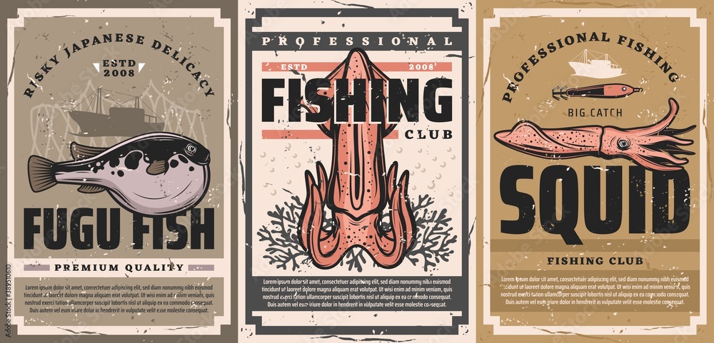 Vetor de Seafood delicacy and squid fishing posters. Fugu fish and ...