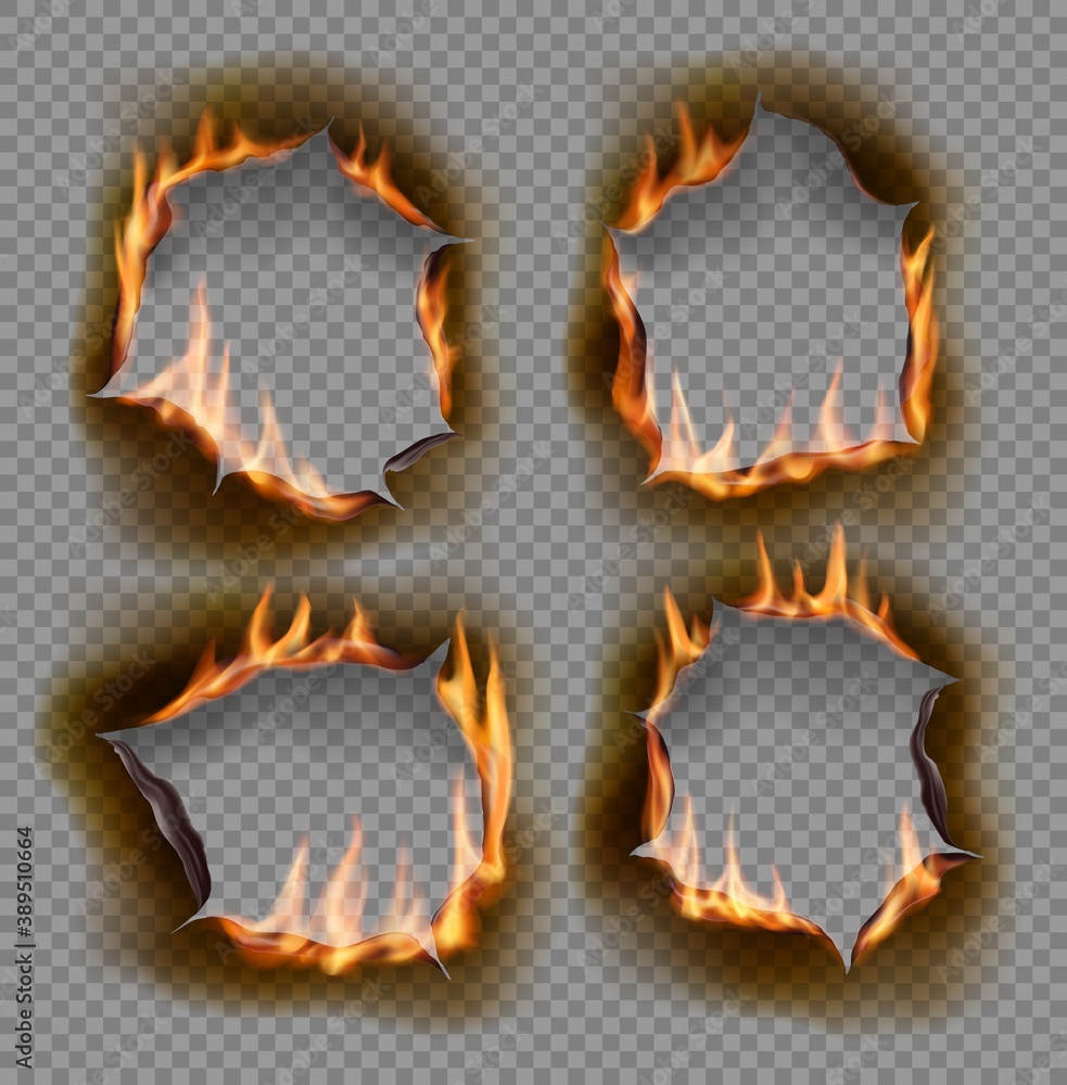 Fototapeta Burning holes, vector burn paper fire with realistic charred ... Fototapeta Burning holes, vector burn paper fire with realistic charred ...