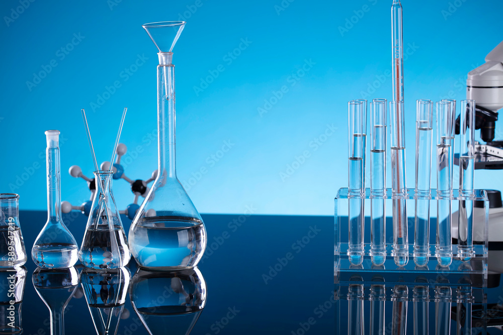 Science concept. Laboratory equipment composition. Test tubes and ...