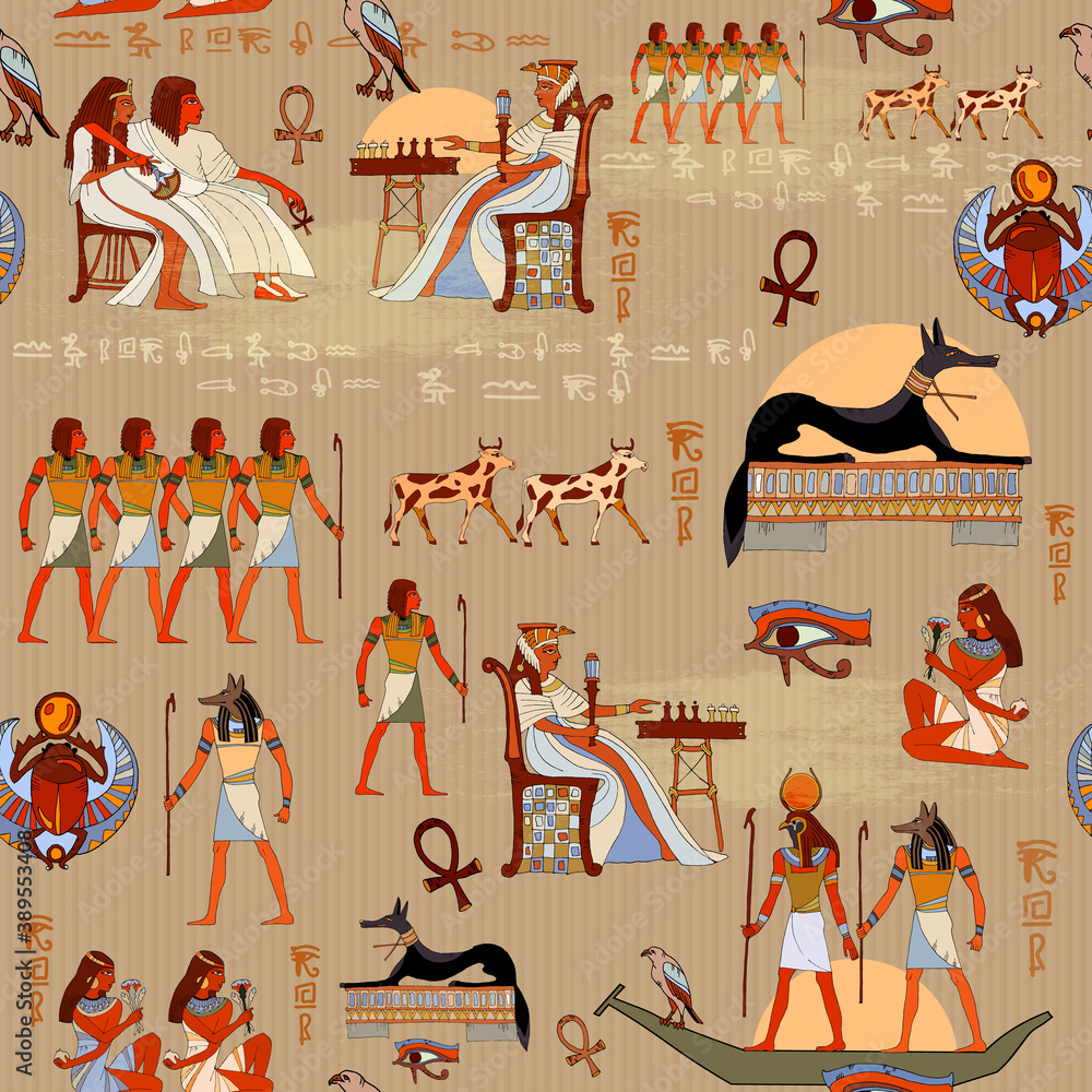 Egyptian gods and pharaohs, vintage seamless pattern. Ancient ...