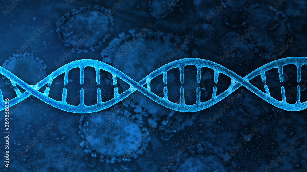 Blue dna helix. Microscopic view of infectious virus cells. Electron ...